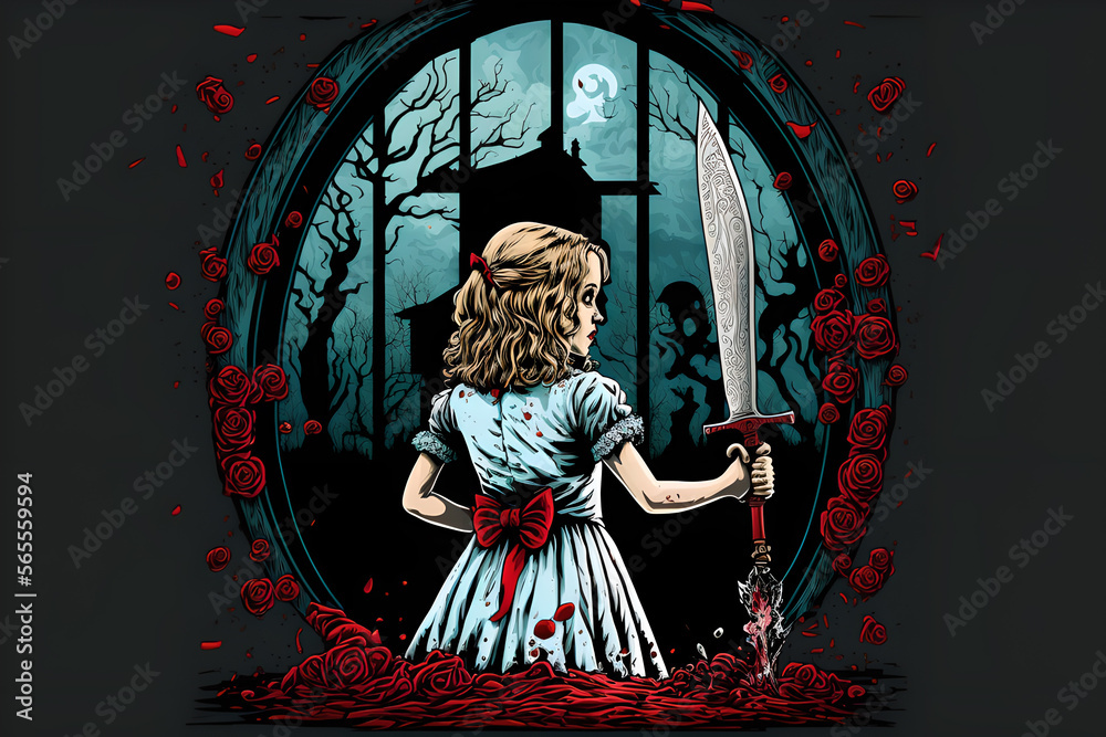 Alice in wonderland but she is murderous and crazy, lost her mind, with ...