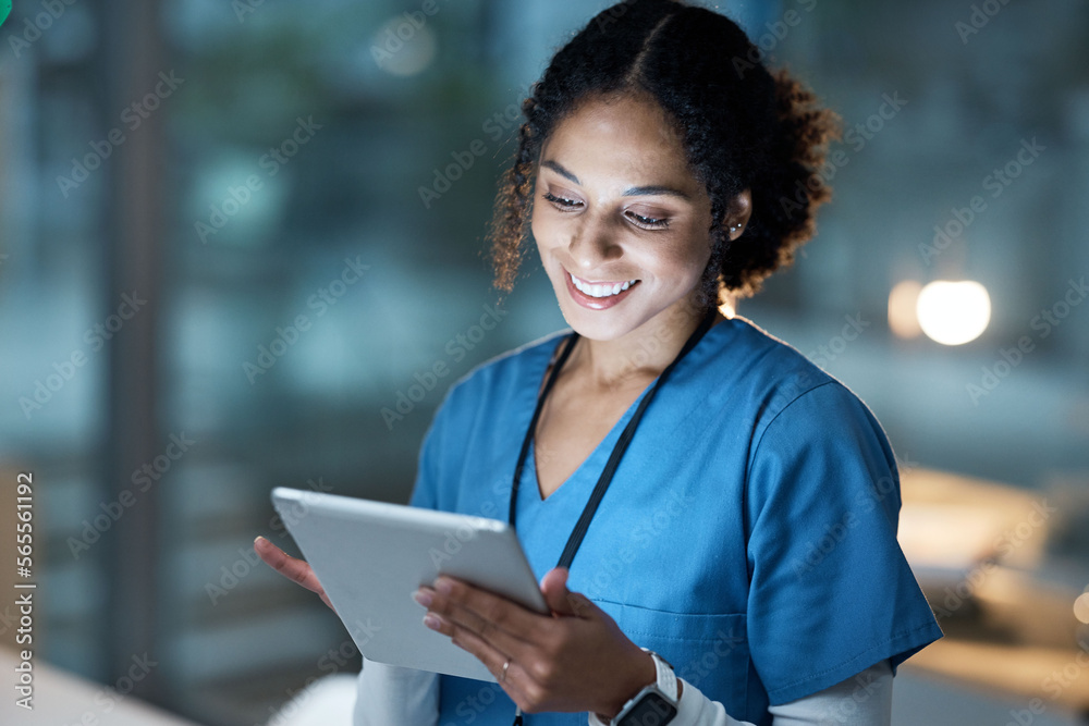 Nurse, medical tablet and black woman in hospital working late on ...