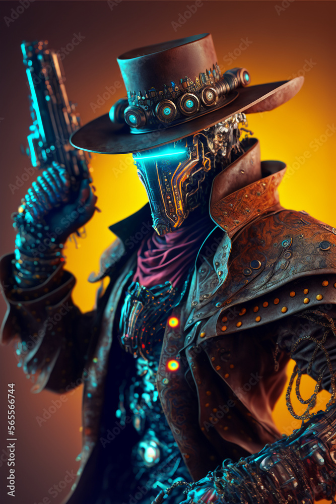Cowboy robot portrait in a hat with guns, cartoon style, wild west ...