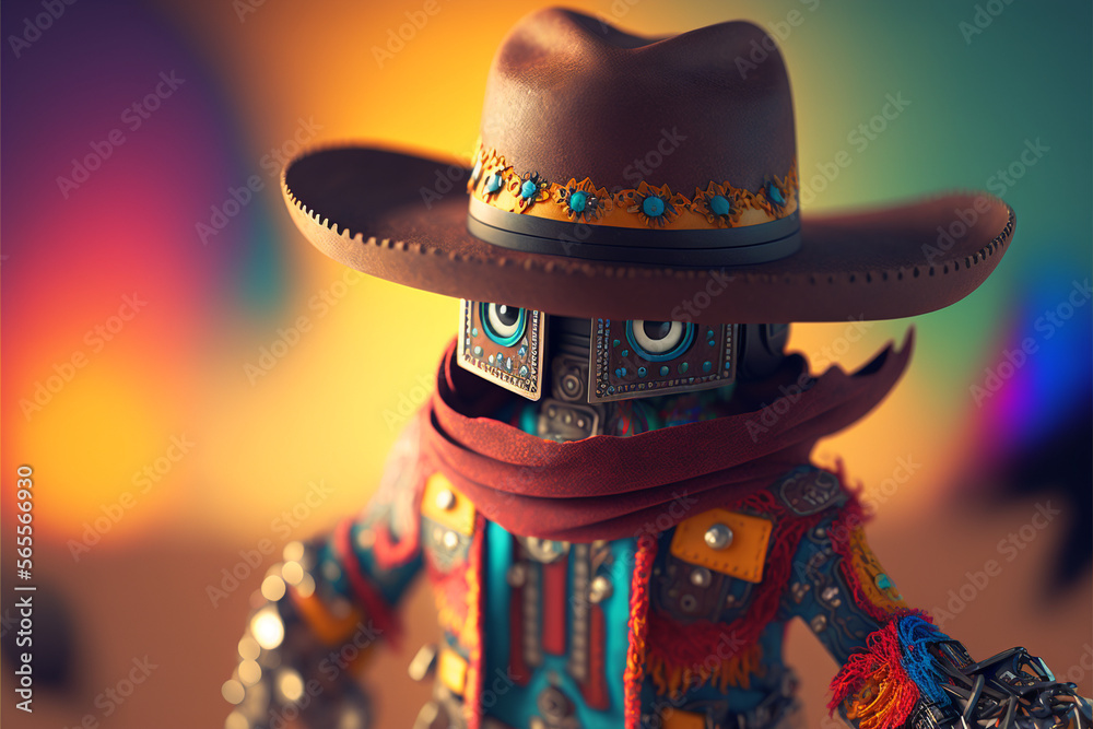 Portrait of a cowboy robot with a hat, cartoon style, wild west ...