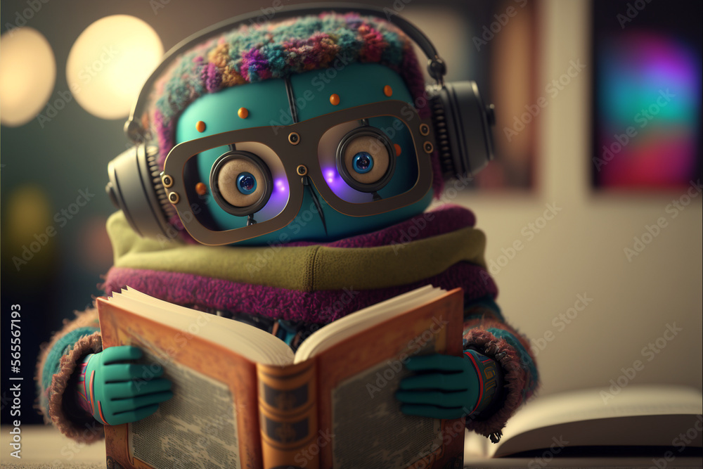 Cute robot child enthusiastically reading a book, beautiful big eyes ...