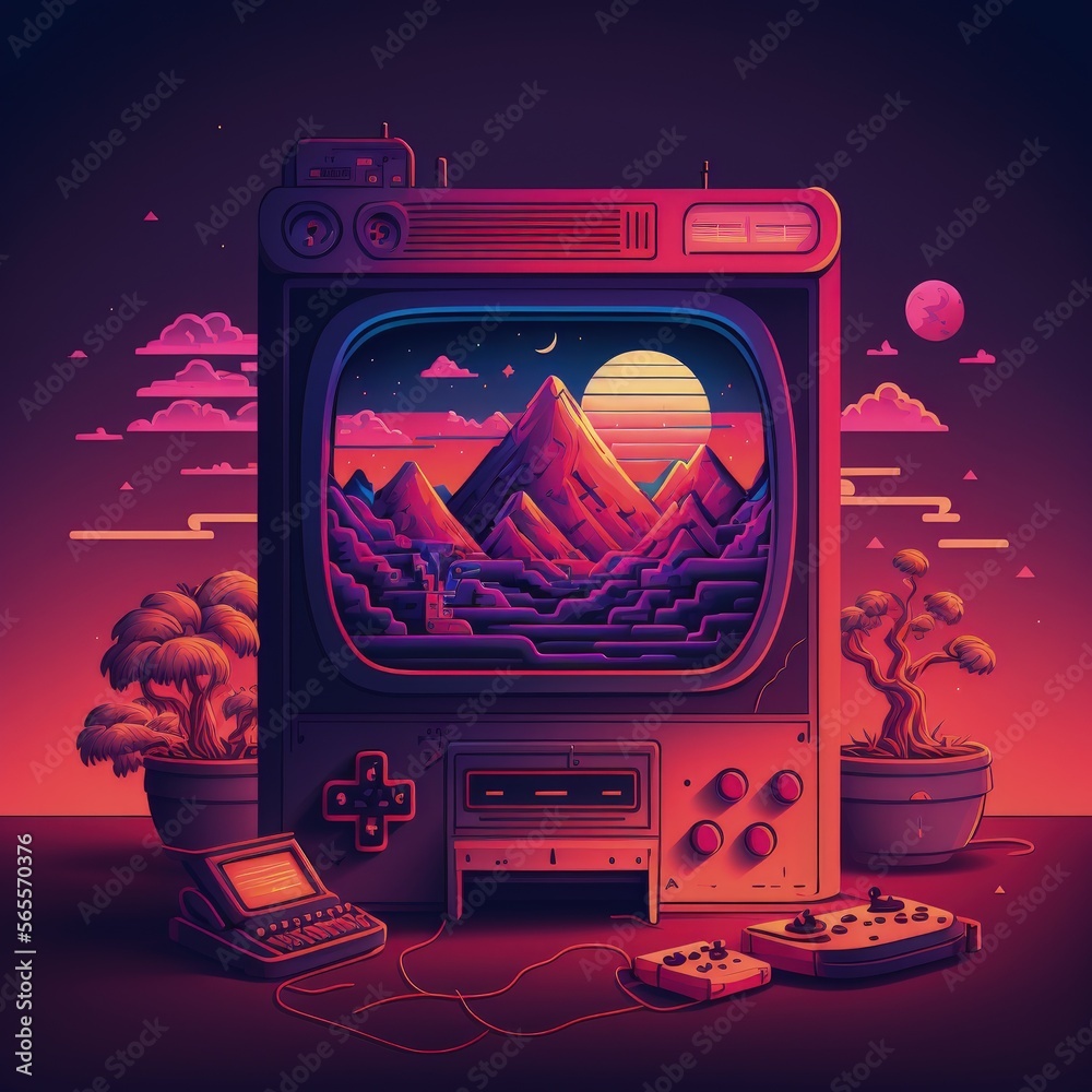 Vintage video game console illustration, 16-bit, retro 80s and 90s ...