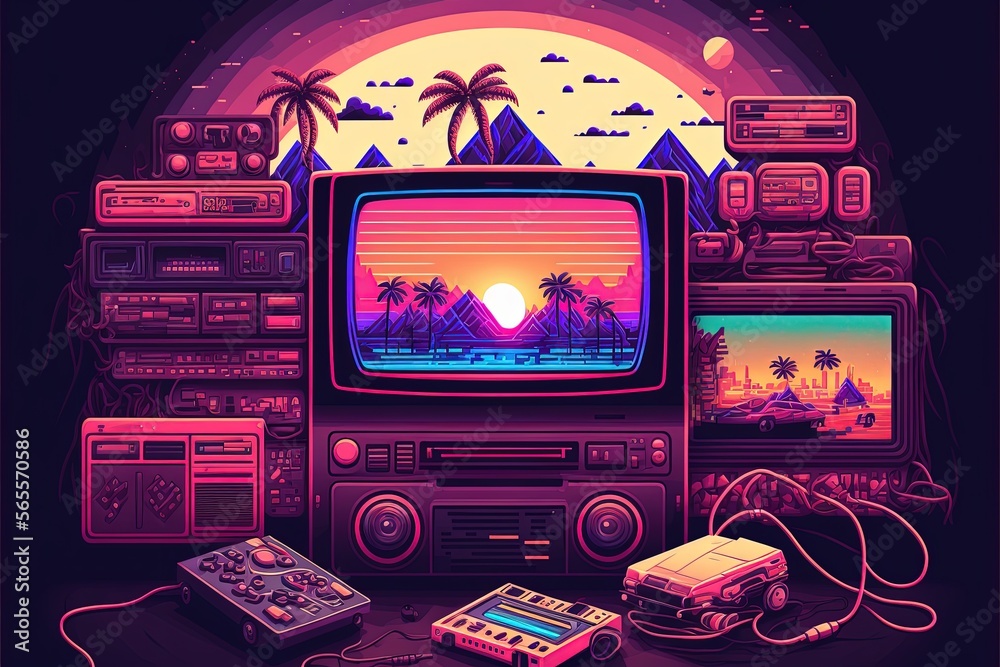 Vintage video game console illustration, 16-bit, retro 80s and 90s ...