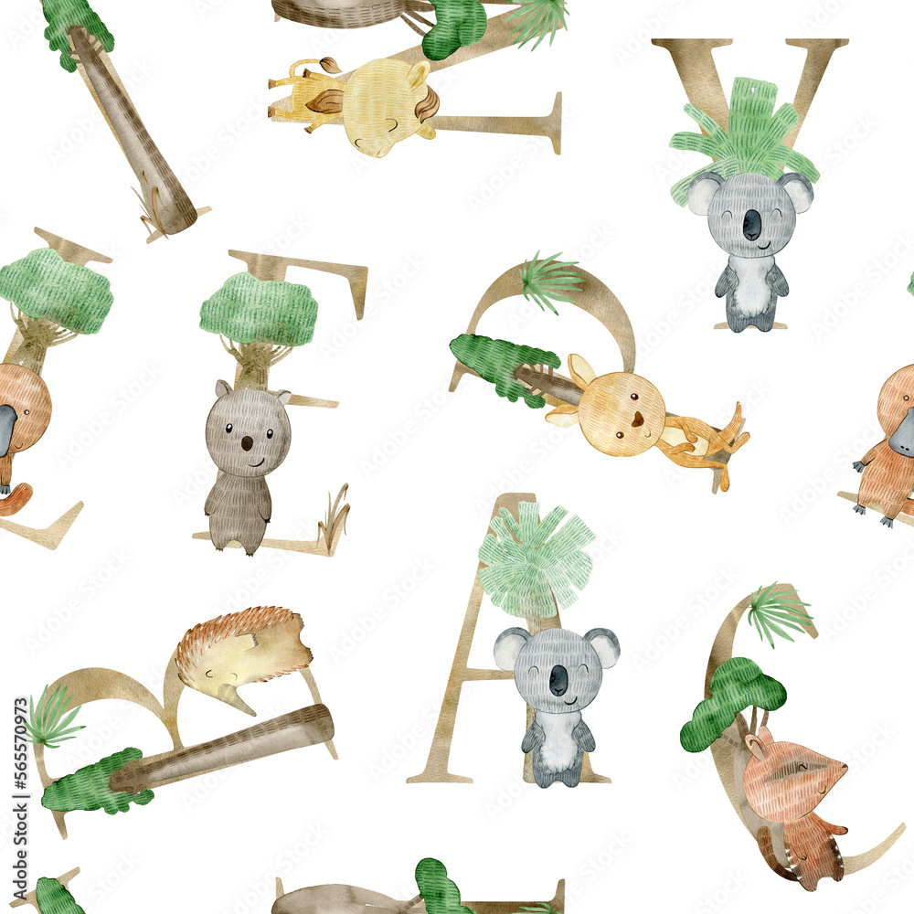 Watercolor seamless pattern with australian animals letters for ...