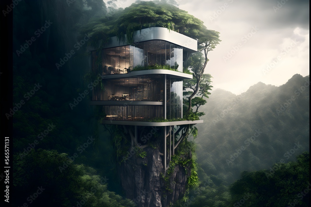 ultrarealistic fluid one floor treehouse made of white concrete and ...