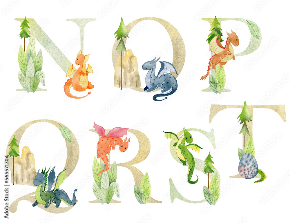 Watercolor cute dragons letters for invitation card, nursery poster ...