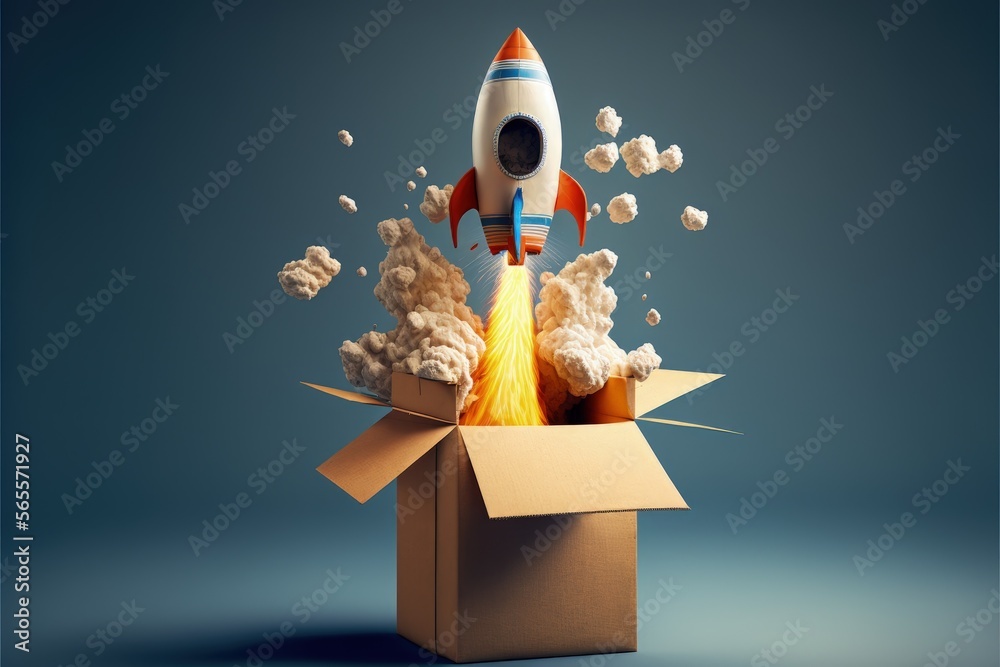 Illustration of rocket coming out of cardboard box, blue background ...