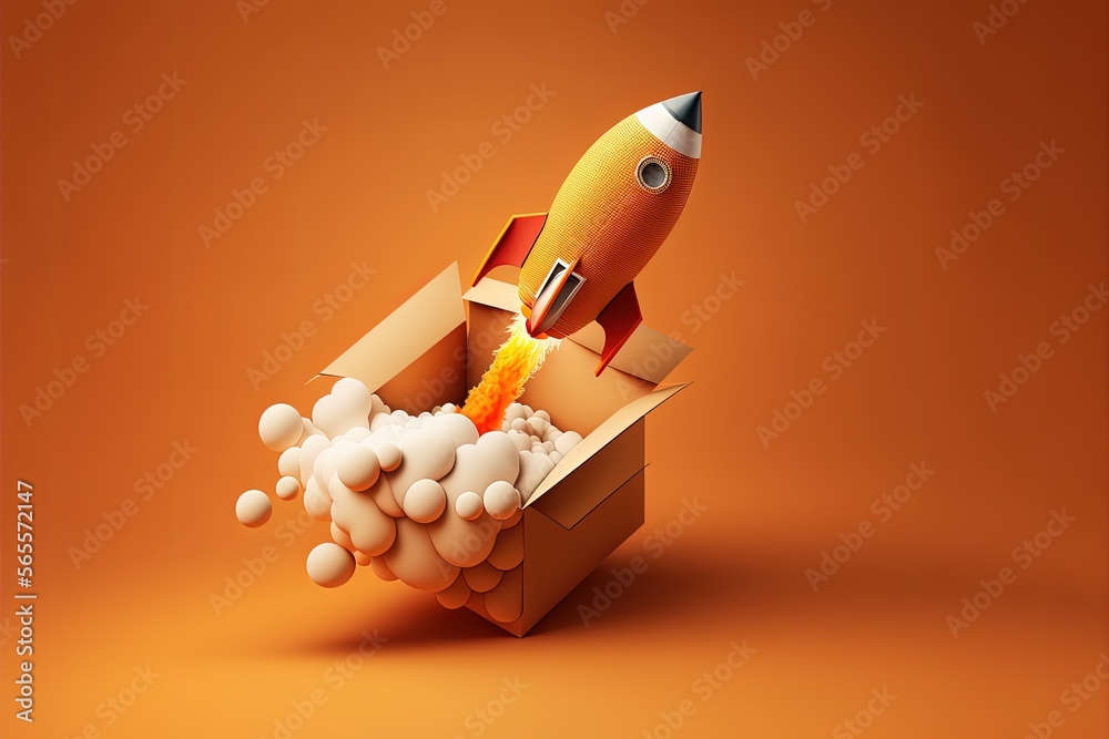 Illustration of rocket coming out of cardboard box, orange background ...