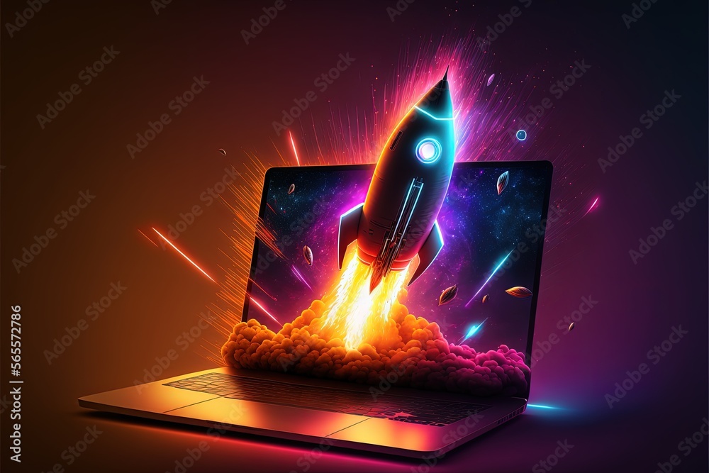 Rocket illustration popping out of laptop screen, startup concept ...