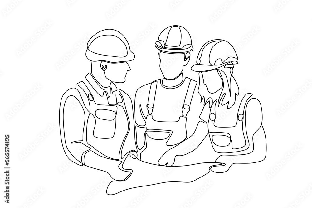 One line drawing of male and female building builder groups wearing ...
