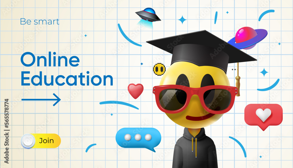 Online education. Back to school template with emoji Smiling face in ...