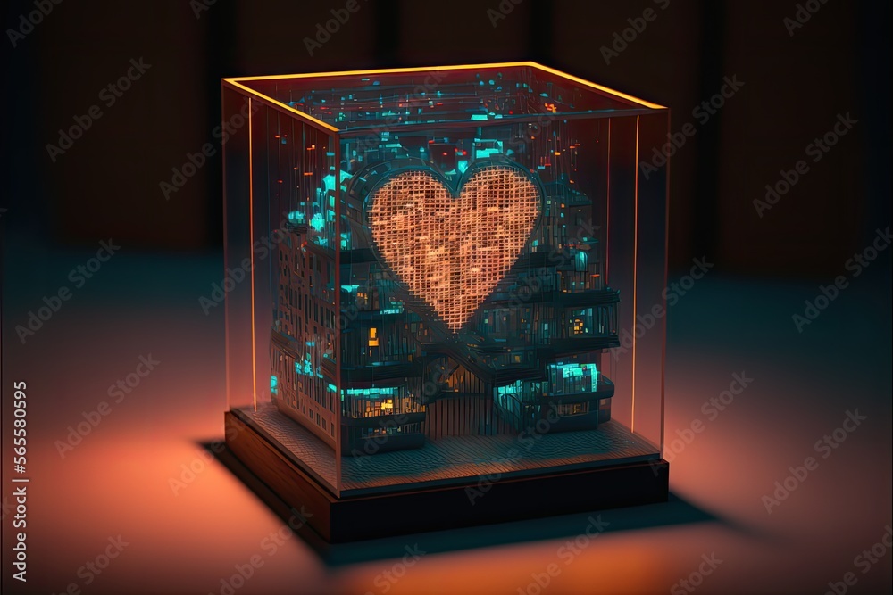 Digital Heart, Voxel Art or Pixel Art Style, AI-Generative Neon Light ...