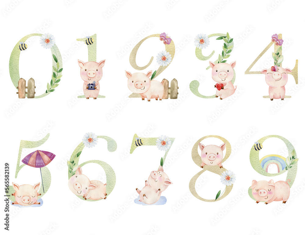 Watercolor numbers with pigs for invitation card, nursery poster and ...
