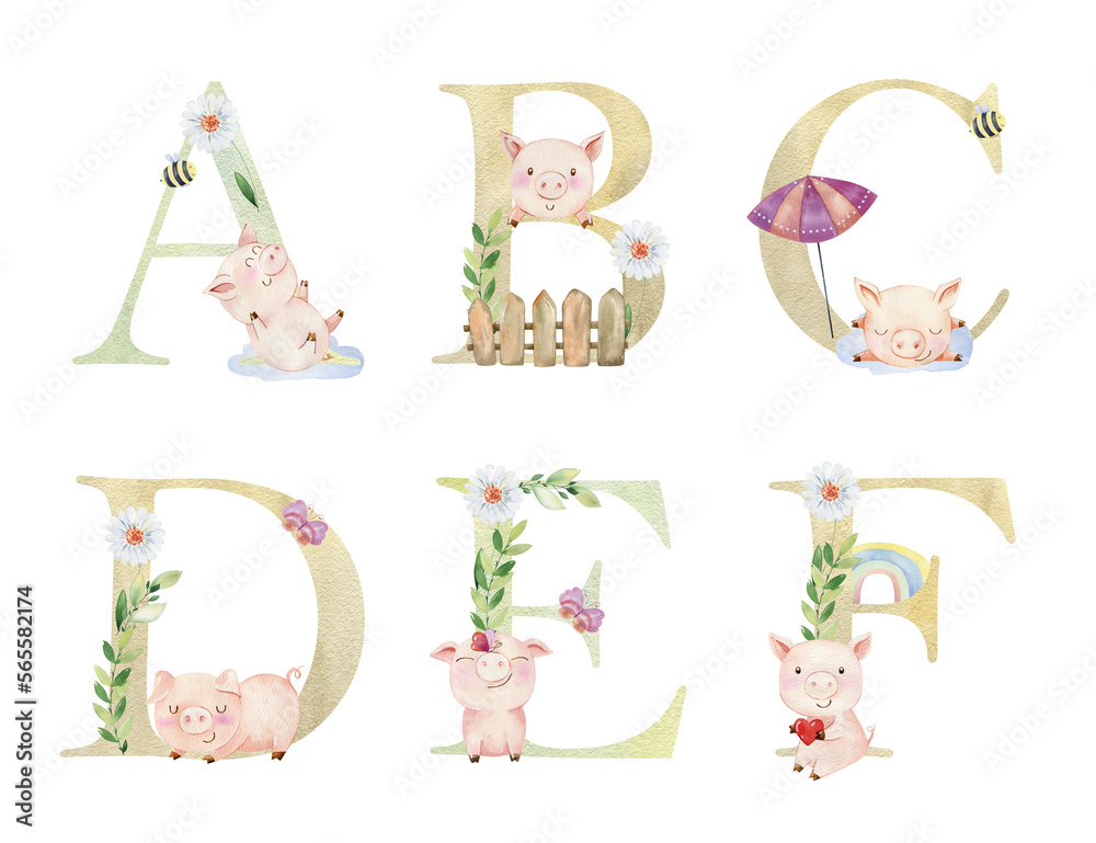 Watercolor letters with pigs for invitation card, nursery poster and ...