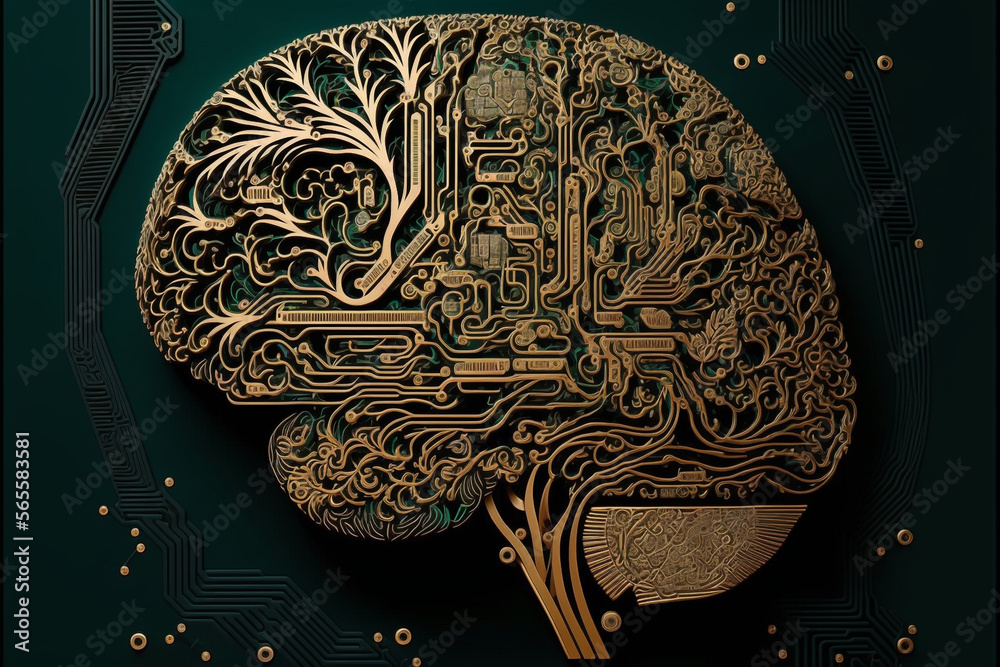 The graphic design of a human brain on a printed circuit board is ...