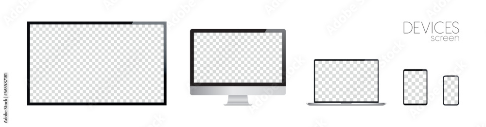 Screen device mockup. TV, PC, laptop, tablet, smartphone and smartwatch ...