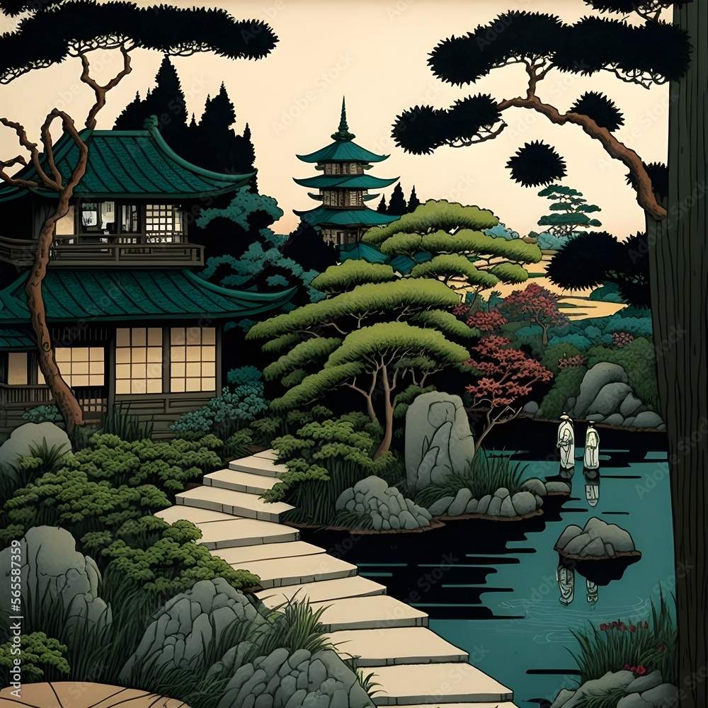 Japanese garden in the style of a gary larson far side commic Stock ...