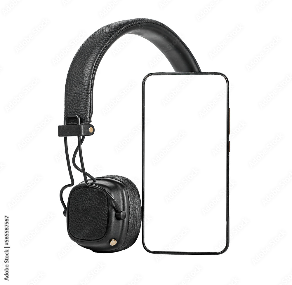 Mobile smartphone mockup, headphones isolated on white background ...