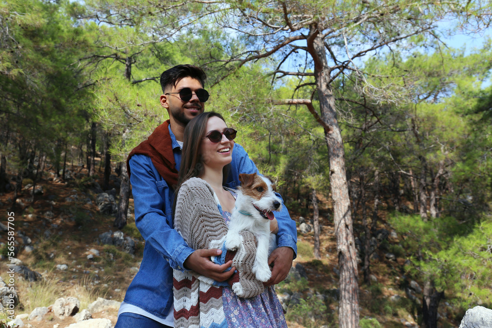 Happy hipster couple with hugging with their rough coated dog in the ...