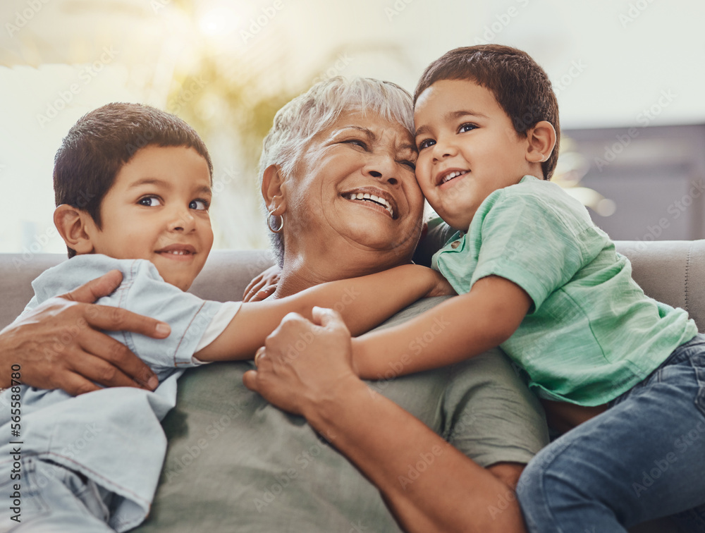 Children, hug and grandmother on a sofa, happy and smile, love and ...