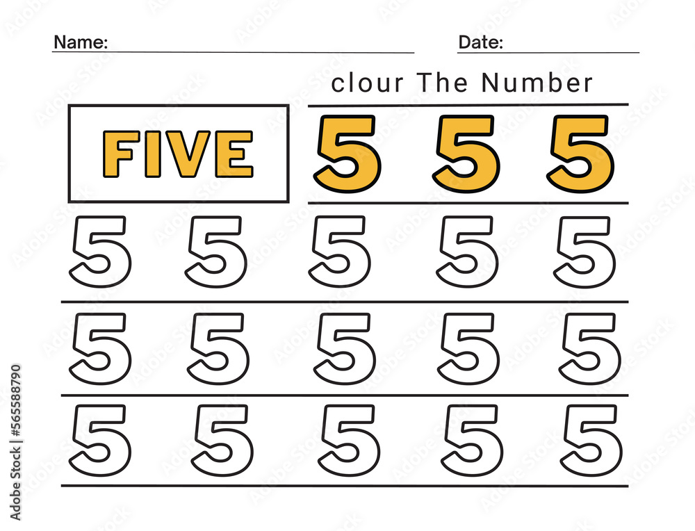 Number 5 coloring practice worksheet with all numbers for kids learning ...