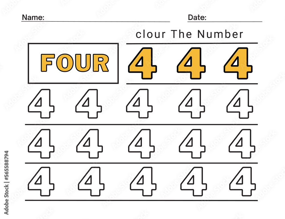 Number 4 coloring practice worksheet with all numbers for kids learning ...
