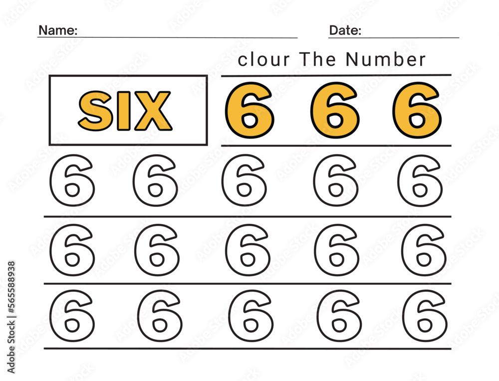 Number 6 coloring practice worksheet with all numbers for kids learning ...