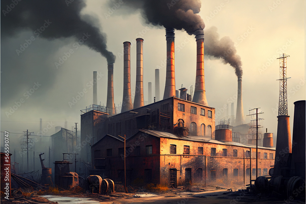 Old factory with many smoking chimneys. AI generated. Stock ...