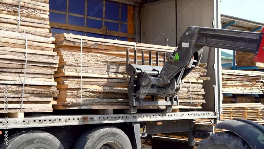 Forklift Uploads Heavy Truck With Wood Block Stacks At Sawmill. Oak ...