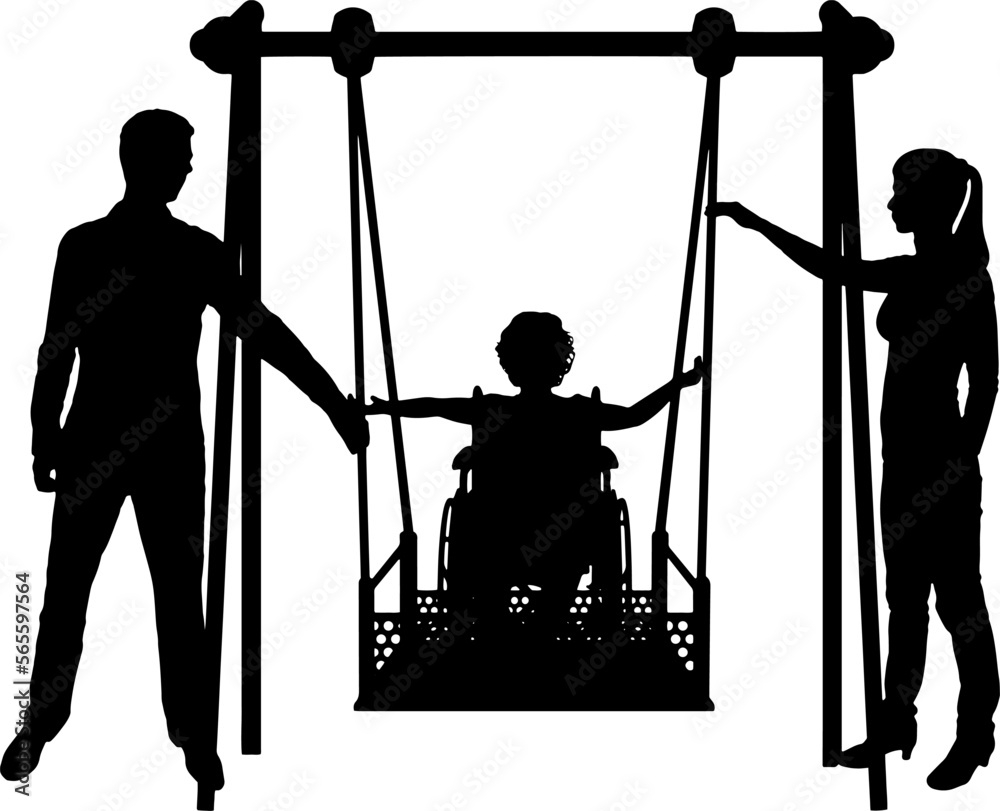 Silhouette of a happy child is a disabled person in a wheelchair on an ...