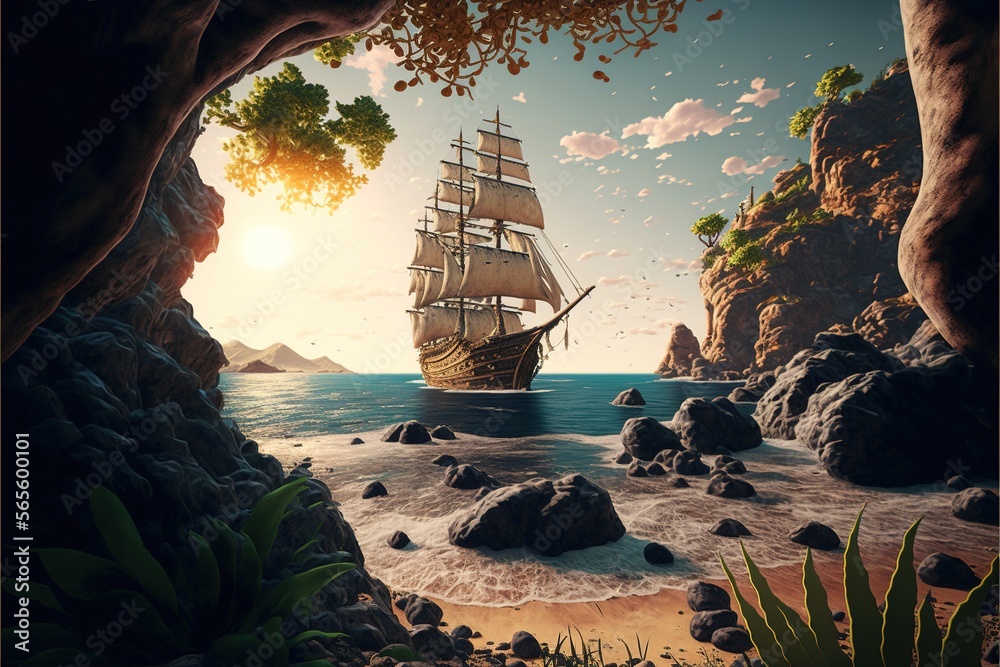 A pirate ship on the shores of beautiful beach whilst a bunch of ...