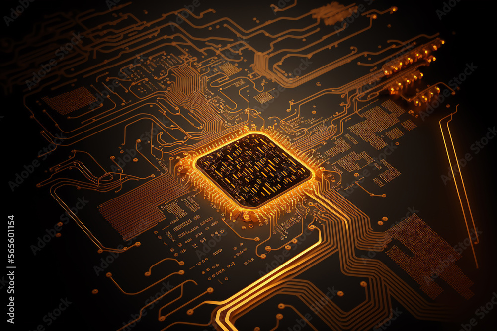Electronic Circuit Board Close Up Glowing Microchip In Macro Futuristic Circuit Concept