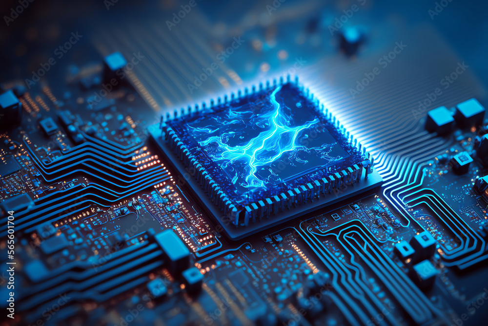 Electronic Circuit Board Close Up Glowing Microchip In Macro Futuristic Circuit Concept