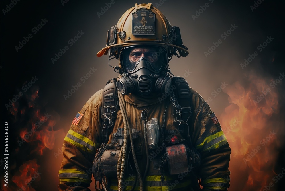 Depiction of Firefighter, A Hero. Post-produced generative AI digital ...