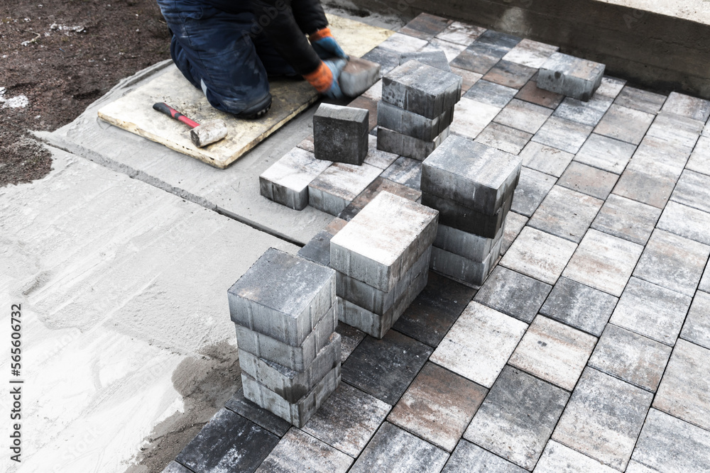 Worker laying gray paving slabs over cement base. Street paving works ...