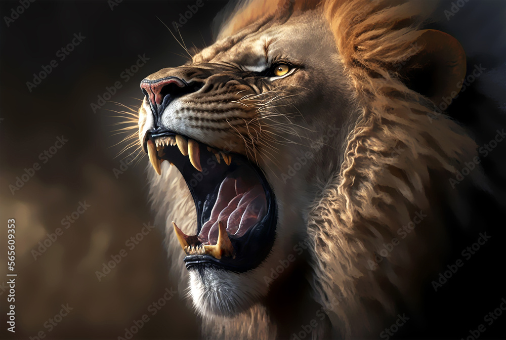 A roaring lion as a sign of power, strength, superiority, agility and ...