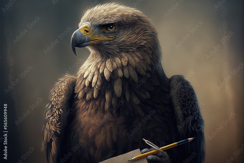 a painting of a bald eagle holding a pencil and a piece of paper with a ...