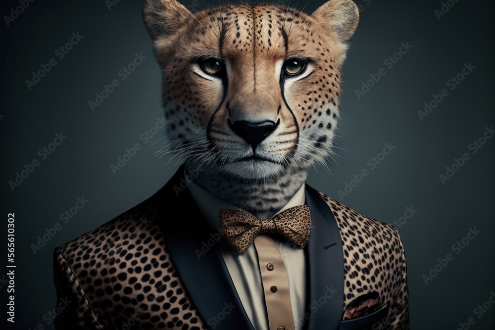 a cheetah wearing a suit and bow tie with a suit jacket on it's chest ...