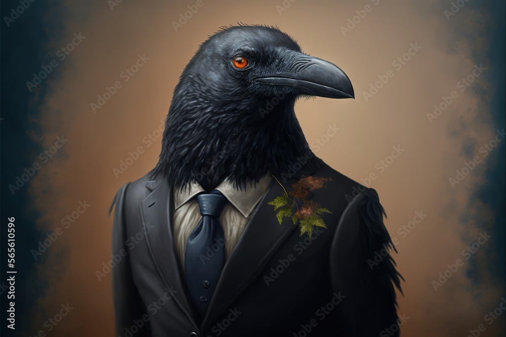 a black bird wearing a suit and tie with a flower in its lapel and a ...