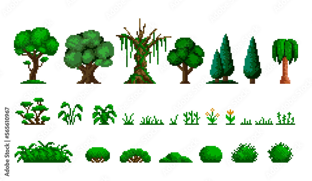 Trees and bushes with grass in the style of pixel art. Tropical shrub ...
