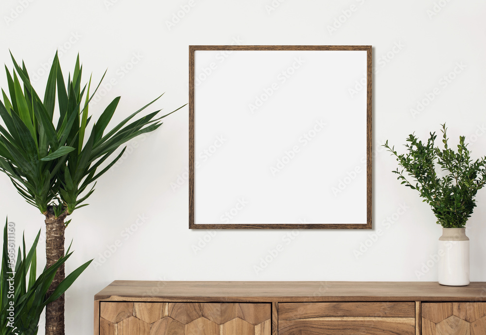 Empty square frame mockup in modern minimalist interior with plants on ...