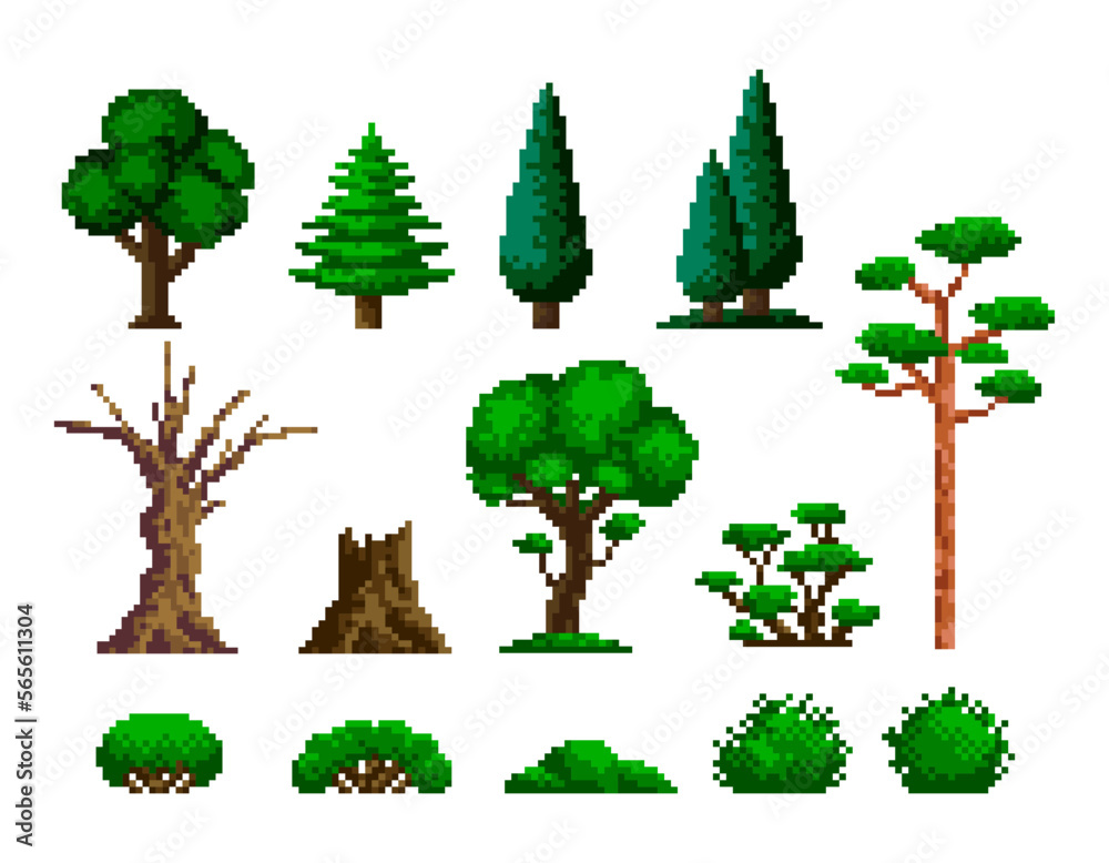 Vetor do Stock: Pixel forest set. Trees bushes and grass sprite asset ...