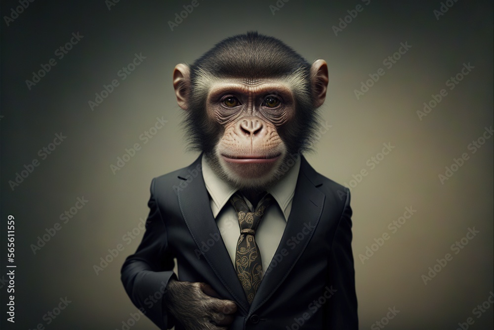 a monkey dressed in a suit and tie with a serious look on his face and ...