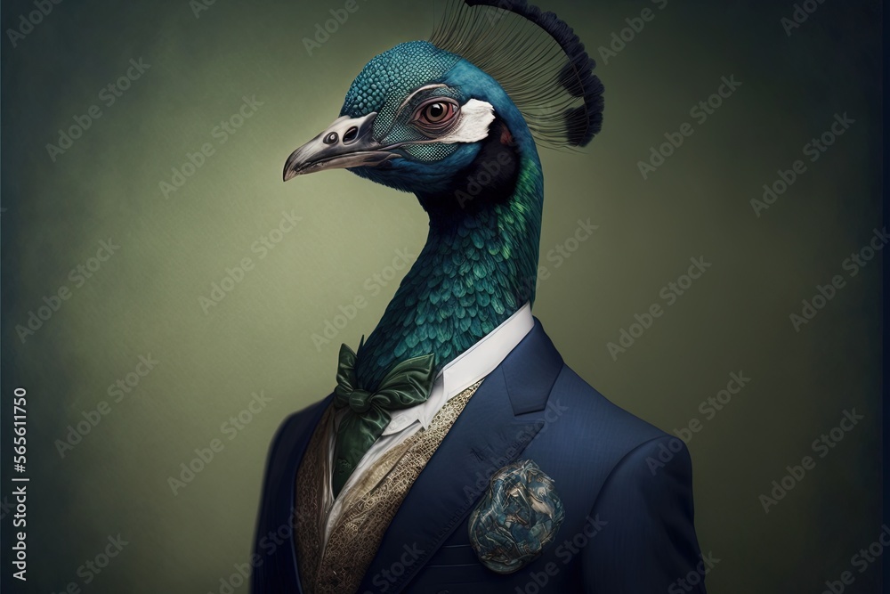 a peacock in a suit with a blue tail and a white breast and a green ...