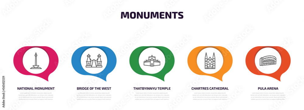 monuments infographic element with outline icons and 5 step or option ...