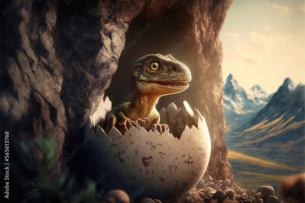 a dinosaur hatched in an egg in a cave with mountains in the background ...