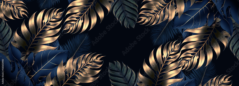 Golden tropical leaves on a dark blue background, abstract luxury ...