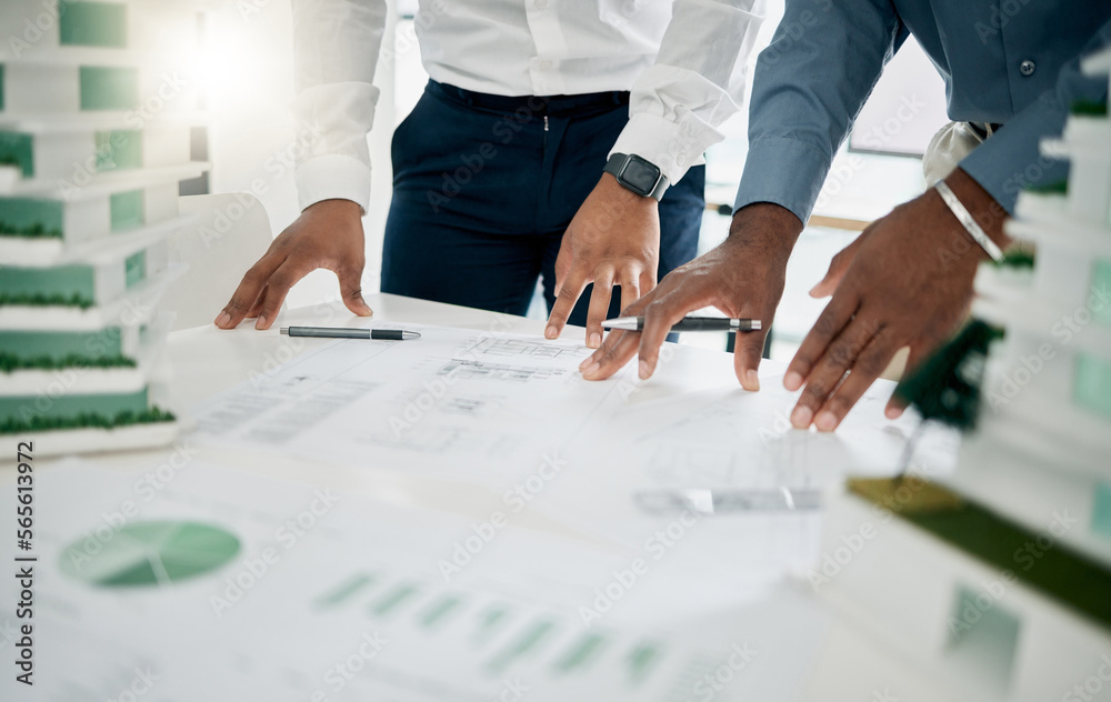 Paperwork, architecture and hands of team planning project together in ...