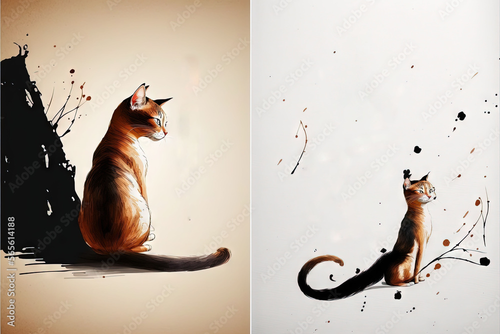 a couple of pictures with a cat and a tree in it's corner and a chinese ...