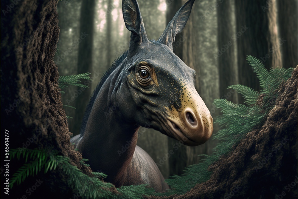 a horse is standing in the middle of a forest with trees and ferns on ...
